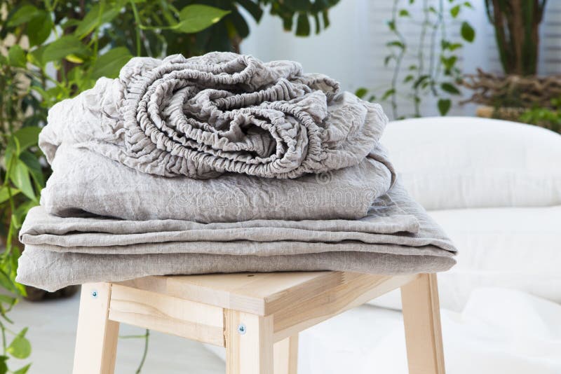Natural Eco-friendly Linen Bed in the Interior Stock Photo - Image of ...