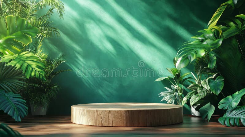 Natural Elegance in Abstract Green Setting with Wooden Podium for ...