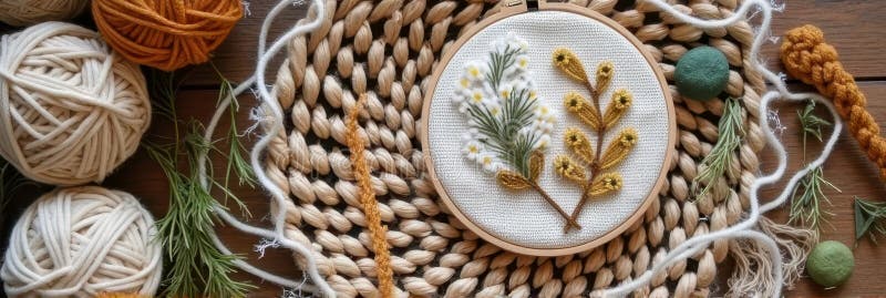 Natural Embroidery Display with Yarn and Pine Accents on Woven Mat ...