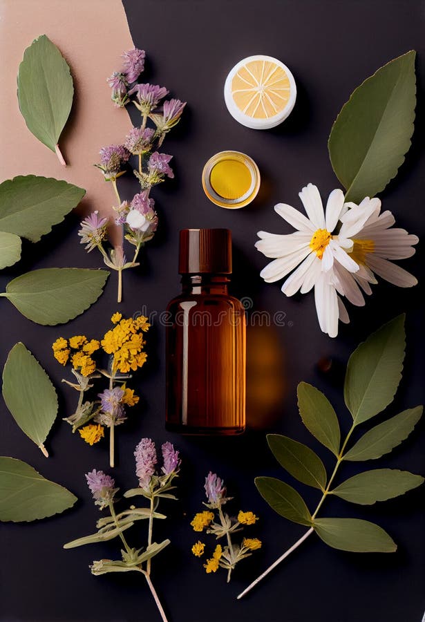 Natural Essential Oil Flat Lay Image with Leaves and Flowers Stock ...