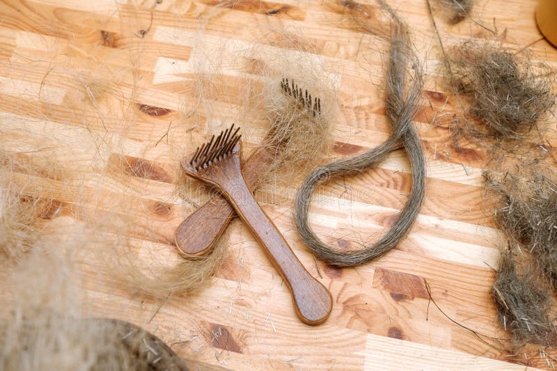 Natural Fiber Processing with Wooden Tools on Rustic Table Stock Image ...