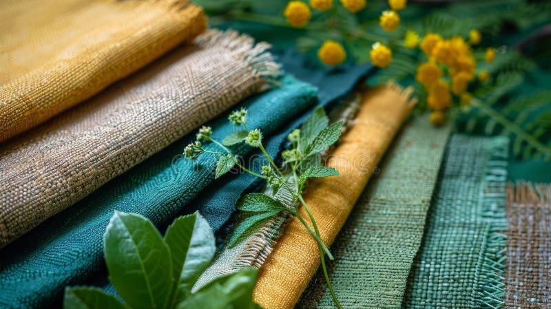 Natural Fiber Textiles Display with Greenery and Yellow Flowers Stock ...
