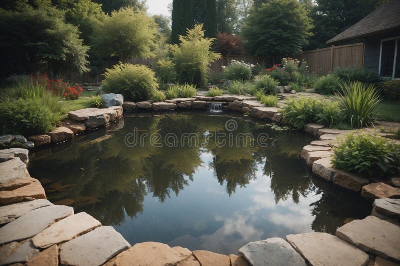 Natural Fish Pond in the Backyard of the House Stock Photo - Image of ...