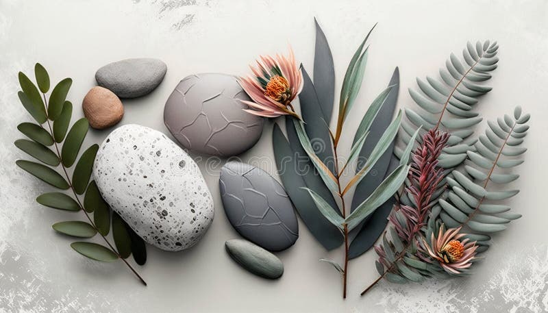 Natural Flat Lay with Pebbles, Eucalyptus and Protea Stock Illustration ...