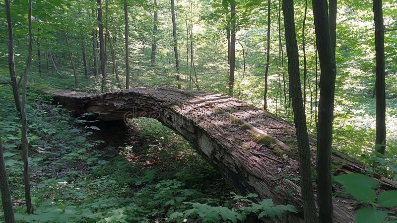 A Natural Forest Setting Features a Large, Curved Fallen Tree Trunk ...