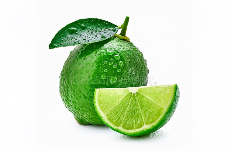 Natural Fresh Lime with Water Drops and Sliced, Green Leaf Isolated on ...