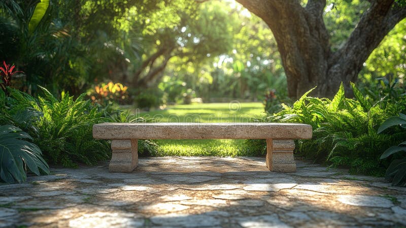 Natural Garden Setting with Stone Bench Surrounded by Lush Greenery ...