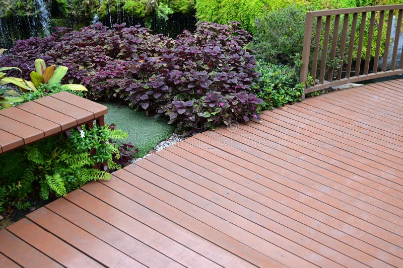 Natural Garden with Brown Wooden Bridge, Beautiful Garden Stock Photo ...