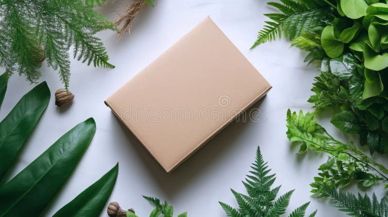 Natural Gift Box Surrounded by Green Leaves on White Background Stock ...