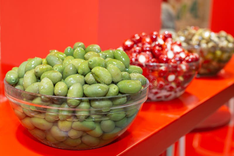 Natural Green Olives Inside Glass Round Container Stock Image - Image ...