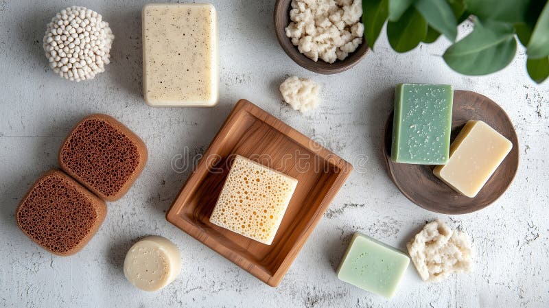 Natural Handmade Soaps Arranged Artistically on a Textured Surface with ...