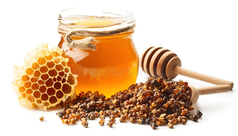 Natural Honey Tincture, Propolis Granules, Honeycomb, Isolated on White ...