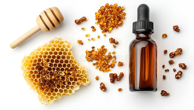 Natural Honey Tincture, Propolis Granules, Honeycomb, Isolated on White ...