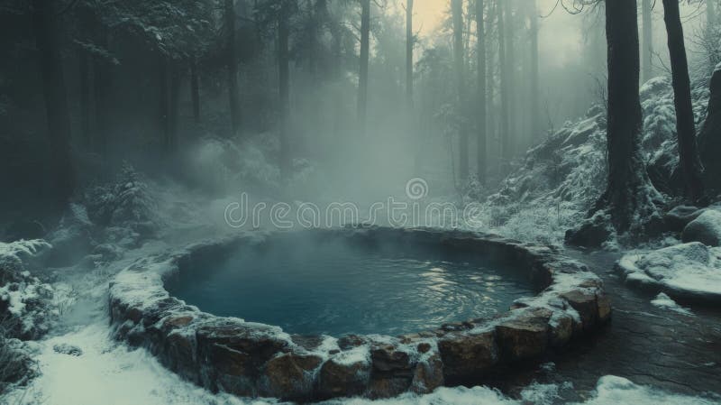 A Natural Hot Spring Pool in a Misty, Snowy Forest Stock Illustration ...