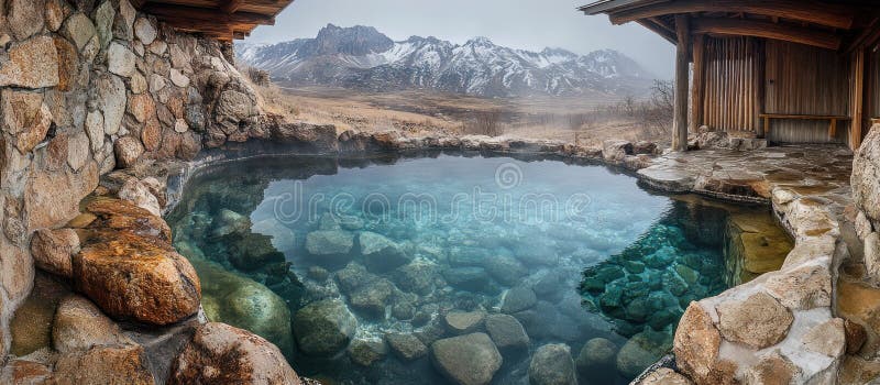 A Natural Hot Spring Pool Surrounded by Rocks with a View of Snow ...