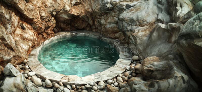 Natural Hot Spring Pool Surrounded by Rocky Terrain and Smooth Pebbles ...