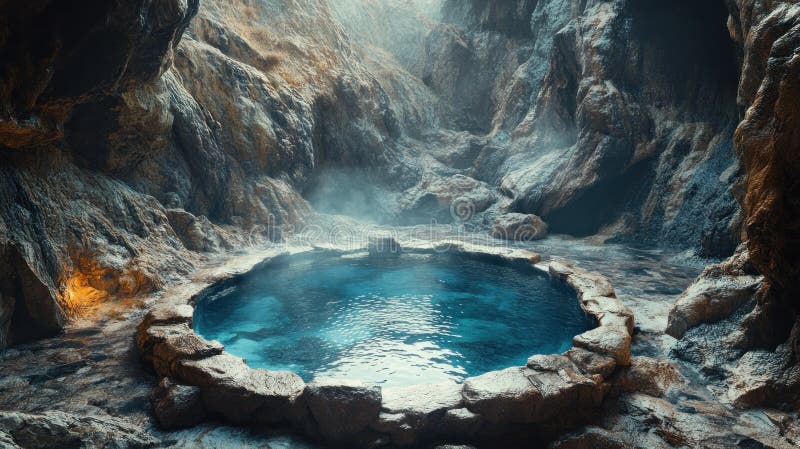 A Natural Hot Spring Surrounded by Rocky Cliffs with Steam Rising from ...