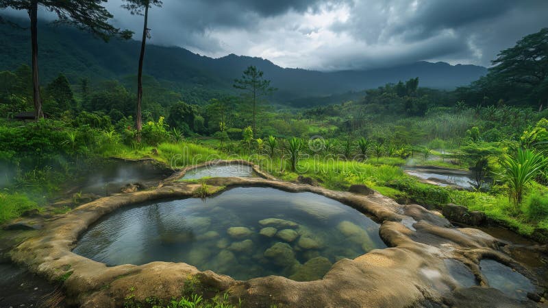 Natural Hot Springs Surrounded by Lush Greenery and Mountains Stock ...