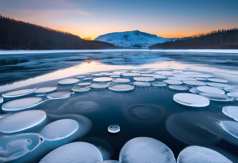 Natural Ice Circles Forming on Freezing River Stock Illustration ...