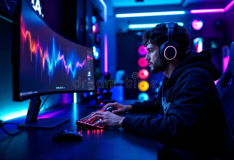 Cyberpunk Gamer Setup with Neon Lighting and Ultrawide Monitor Stock ...