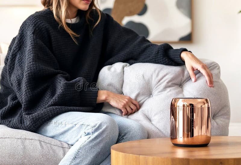 Cozy Home Scene with Woman in Black Sweater Relaxing on Sofa Stock ...
