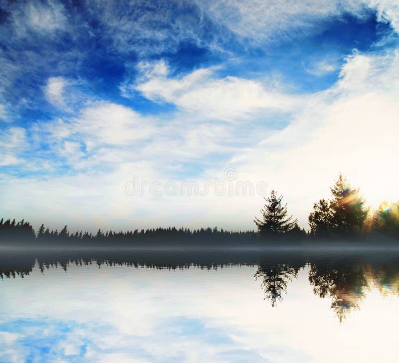 Natural Lake Scene with Trees and Cloudscape Stock Image - Image of ...