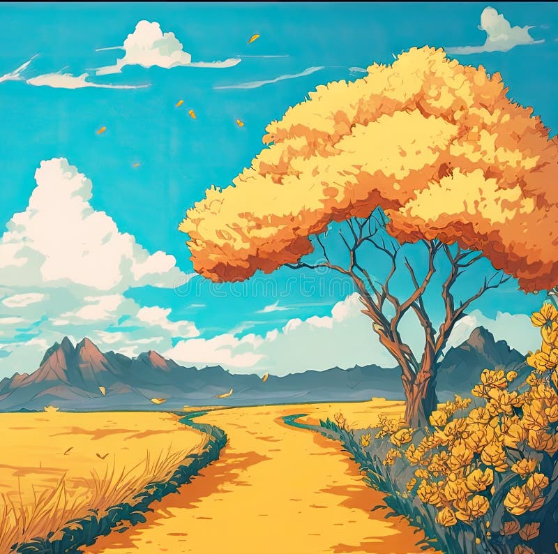 Natural Landscape in Anime Style Illustration Design Art. Stock ...