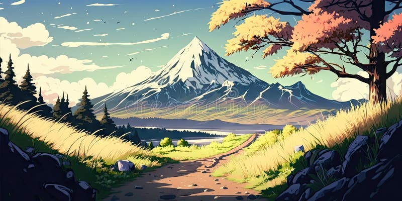 Natural Landscape in Anime Style Illustration Stock Image - Image of ...
