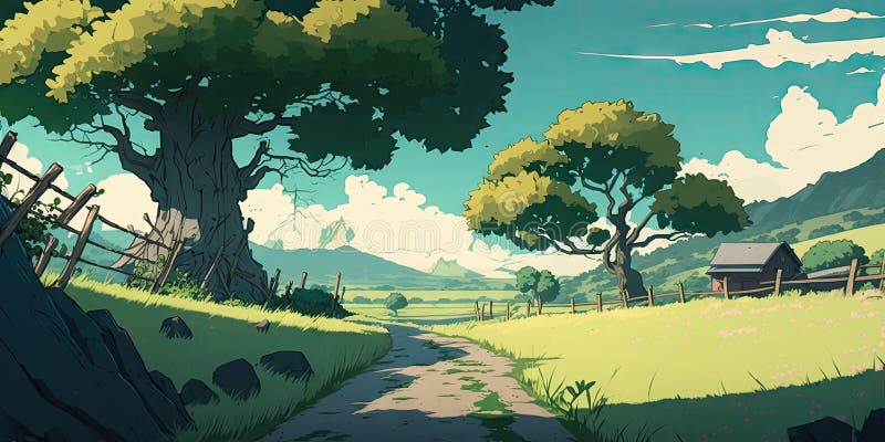 Natural Landscape in Anime Style Illustration Design Art. Stock ...