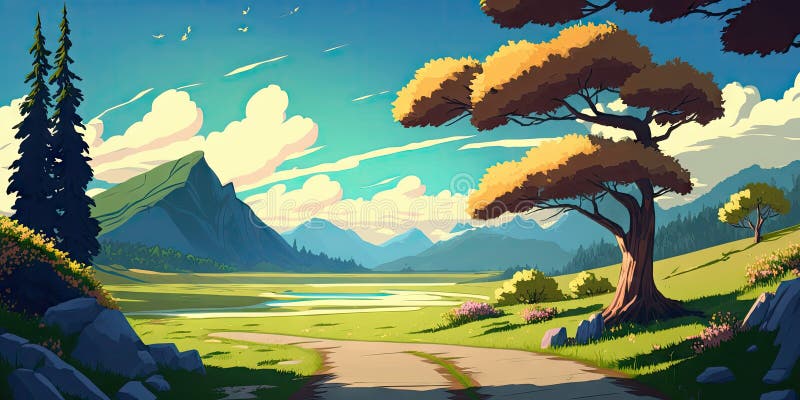 Natural Landscape in Anime Style Illustration Design Art. Stock ...