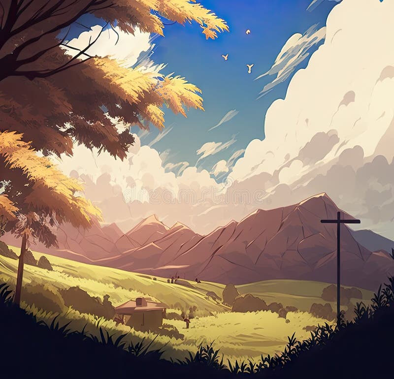 Natural Landscape in Anime Style Illustration Design Art. Stock ...