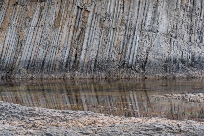 Natural Landscape with Columnar Basalt Coastal Rock Reflected in the ...