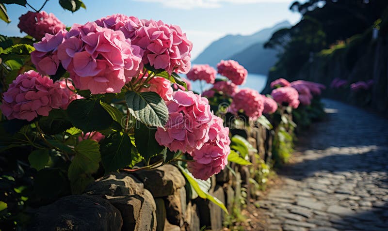 Natural Landscape, Hydrangea Bushes Along a Winding Path. Stock ...