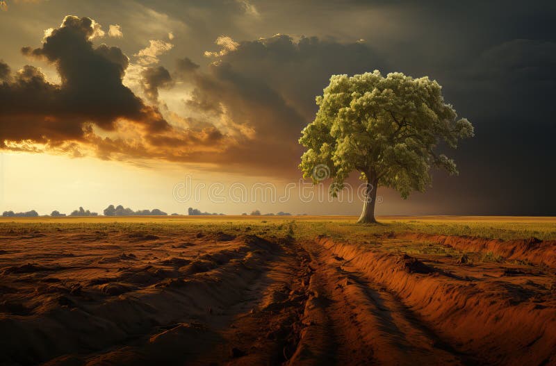Natural Landscape, Lonely Tree in the Field. Stock Illustration ...