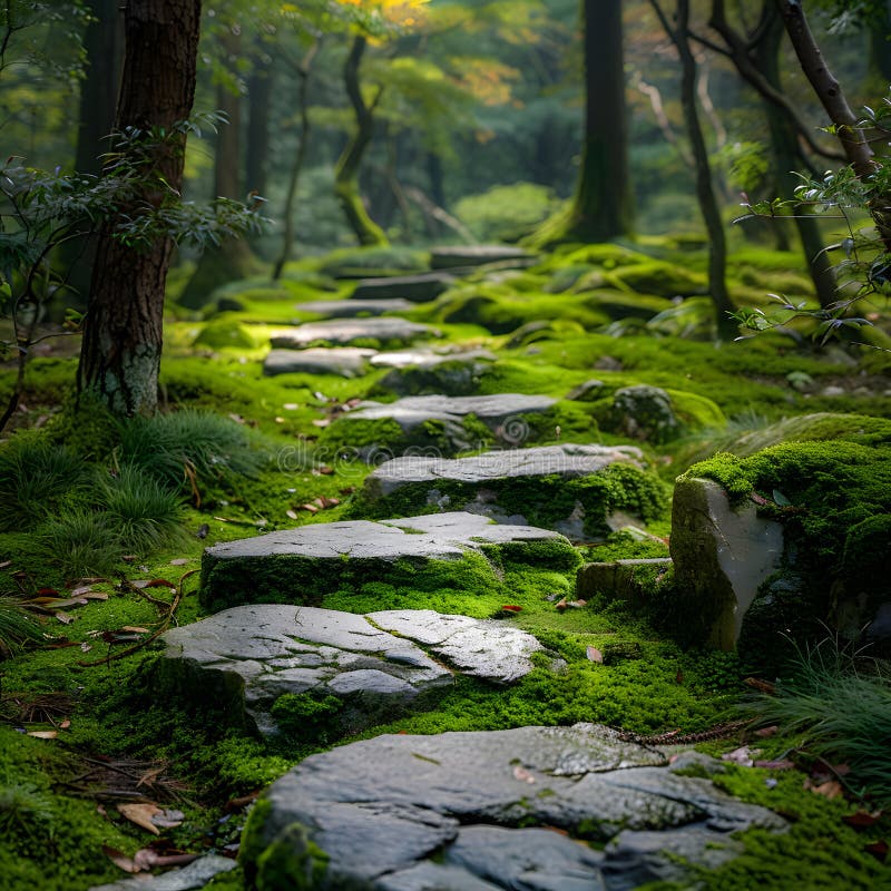 A Natural Landscape Path through the Forest Lined with Mosscovered ...