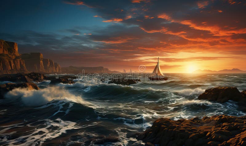 Natural Landscape, Sailing Frigate at Sunset, Dawn. Stock Image - Image ...