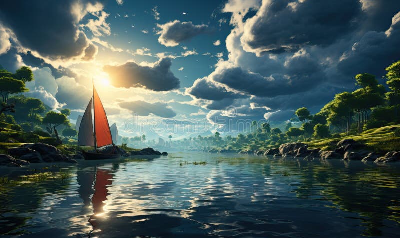 Natural Landscape, Sailing Frigate at Sunset, Dawn. Stock Photo - Image ...