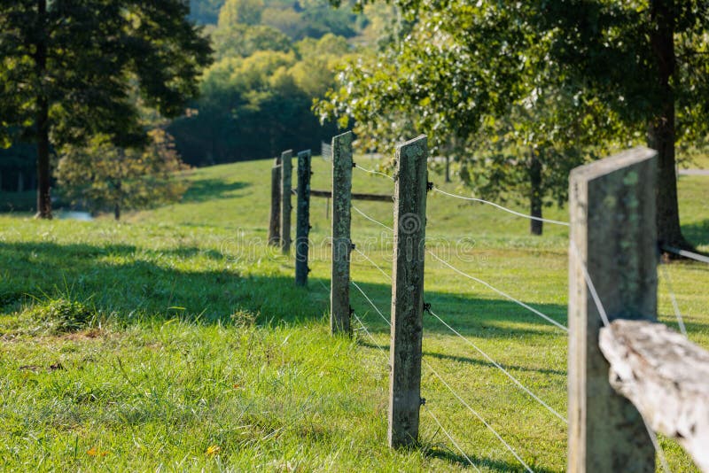 Natural Landscape Scenery Of A Green Meadow With Wooden Fences Stock