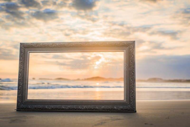 Natural Landscape of Sunset in Cast Wooden Frame. Stock Image - Image ...