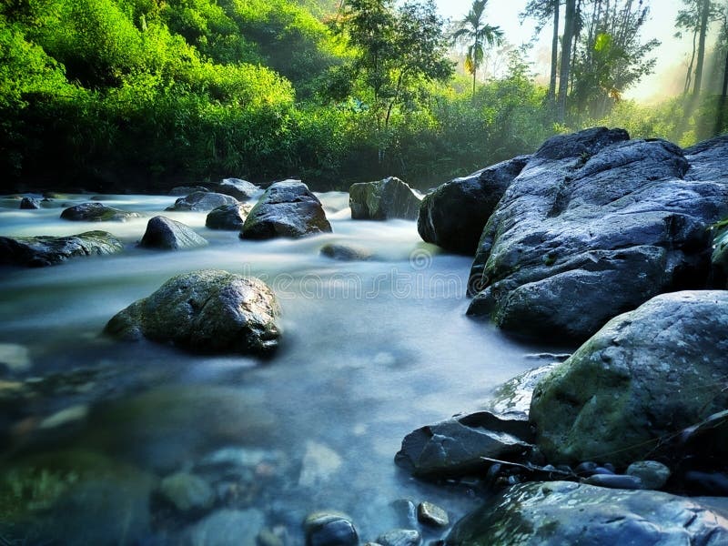 Natural Large Rocks in a Cold River Flowing in a Forest in the ...