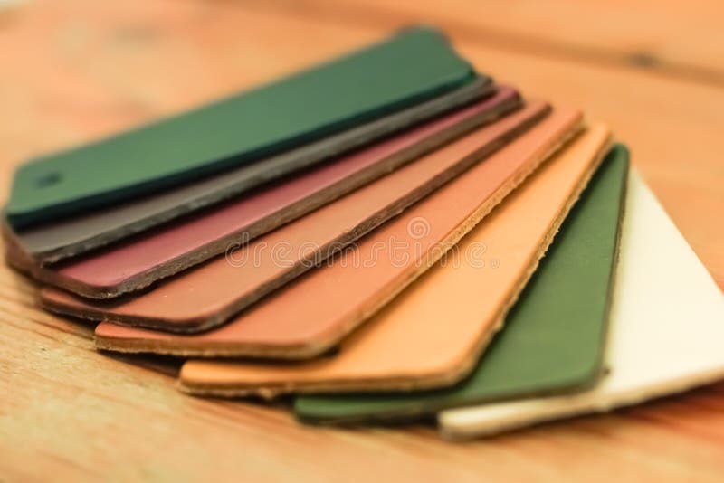 Natural Leather Samples Variety Shades of Colors on Wood Table. Stock ...
