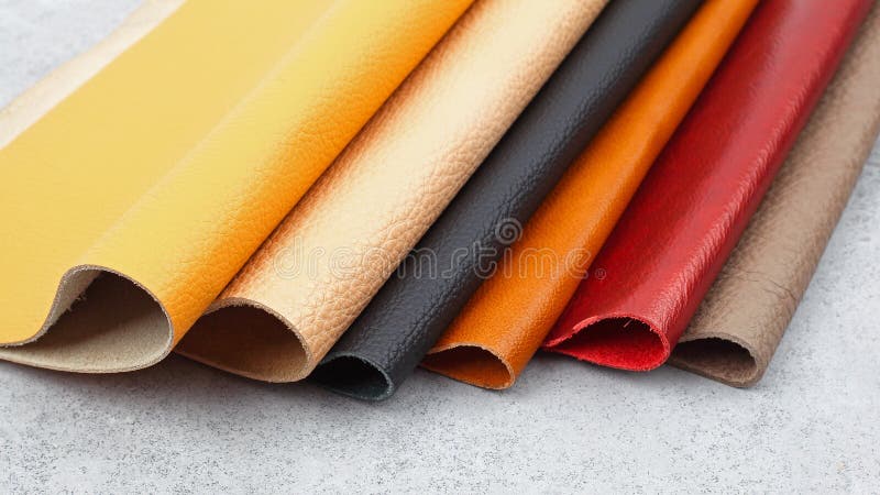 Natural Leather Textures Samples on Gray Stone Background Stock Photo ...