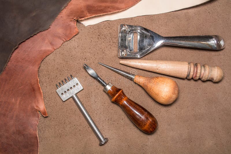 Natural Leather and Tools for Creating Products. View from Above. Stock ...