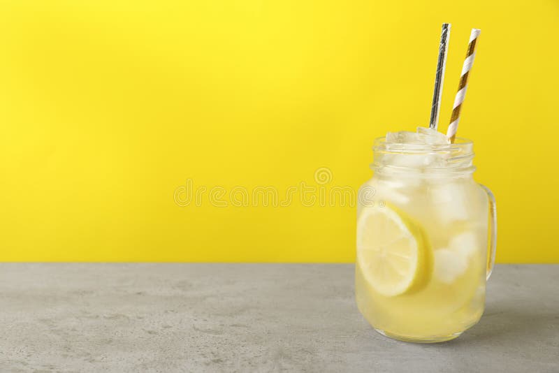 Natural Lemonade on Grey Table, Space for Text. Summer Refreshing Drink ...