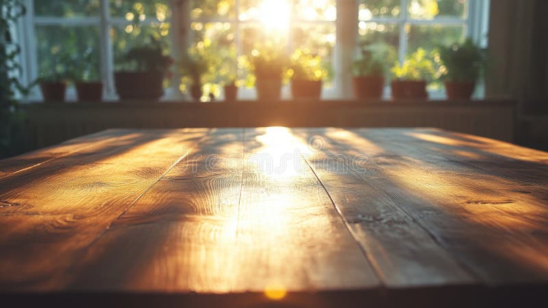 Natural Light Background, Sunlight Warms a Wooden Table, with a Soft ...