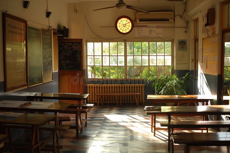 Natural Light Fills the Classroom with Wooden Benches and an Open ...