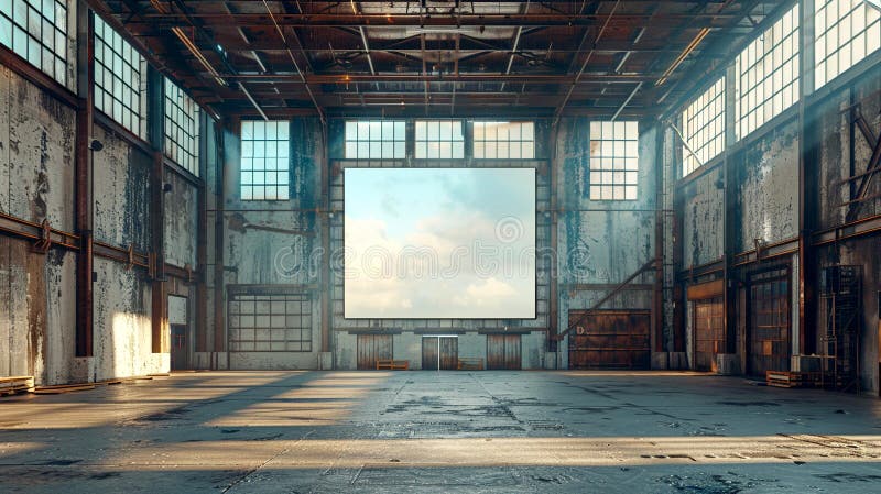 An Empty Industrial Warehouse with Large Windows and a Blank Screen ...