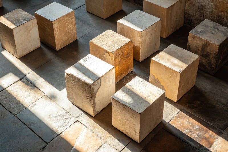 Natural Light Illuminating Stone Cubes on Wooden Floor Surface Stock ...