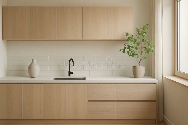 Natural Light Japandi Kitchen with Warm Wood and Simple Details Stock ...