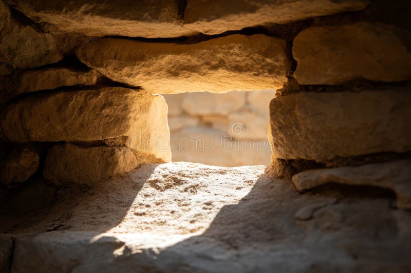 Natural Light Streaming through Rustic Stone Wall Opening in an Ancient ...